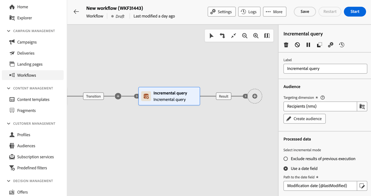 Utilizzare l’attività del flusso di lavoro Incremental query | Adobe Campaign