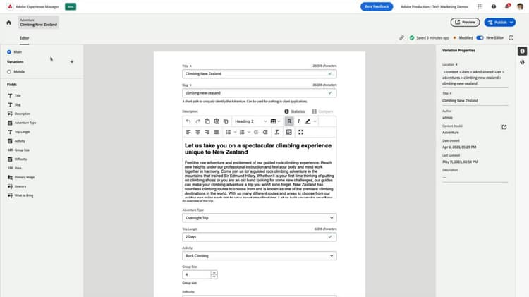 RTE バリアントの比較 - コンテンツフラグメントエディター | Adobe Experience Manager