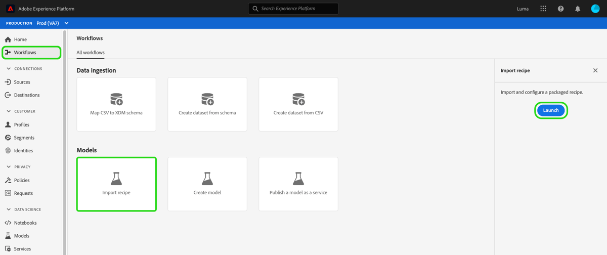 パッケージ化されたレシピのインポート（Data Science Workspace UI 版） | Adobe Experience Platform