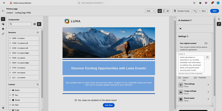 Landing page generation with the AI Assistant in Journey Optimizer | Adobe Journey Optimizer