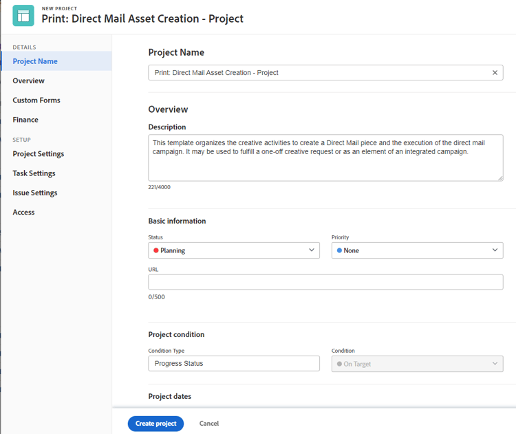 テンプレートを使用したプロジェクトの作成 | Adobe Workfront