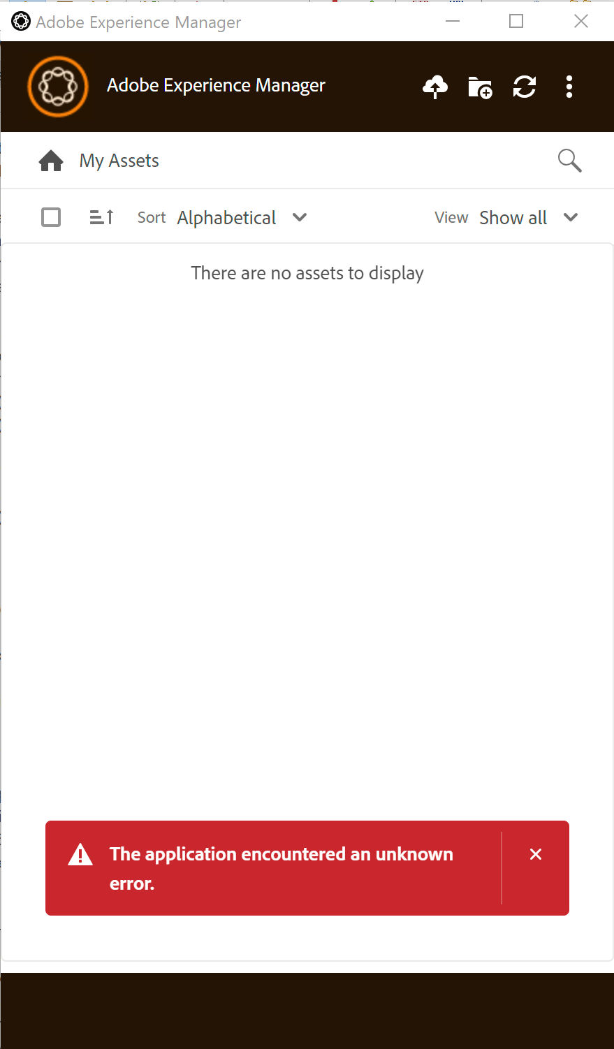 Aem 데스크탑 앱 애플리케이션에서 알 수 없는 오류가 발생했습니다 Adobe Experience Manager