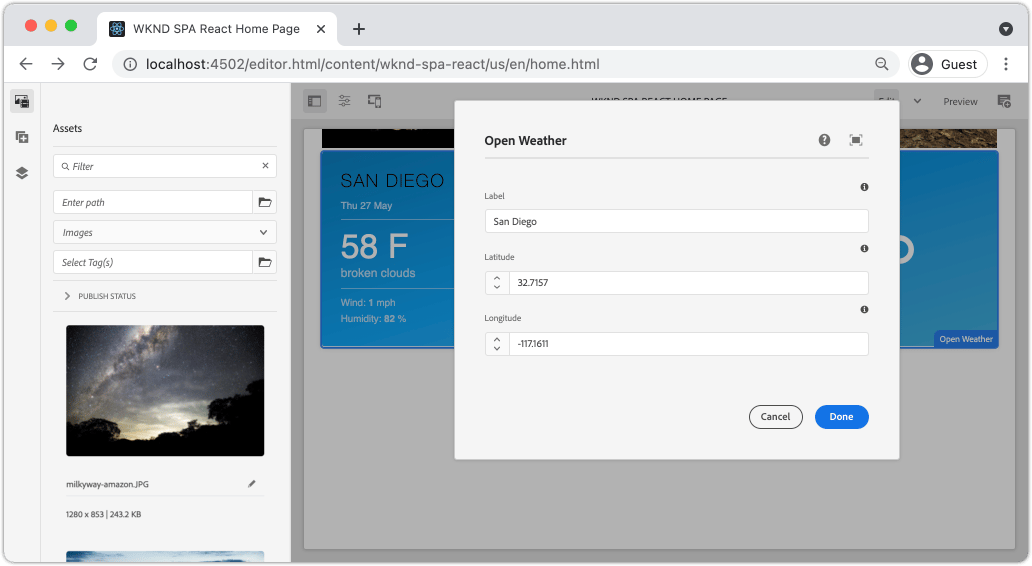 사용자 지정 날씨 구성 요소 만들기 | AEM SPA 편집기 및 반응 시작하기 | Adobe Experience Manager