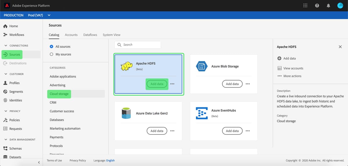 UI에서 Apache HDFS 소스 연결 만들기 | Adobe Experience Platform