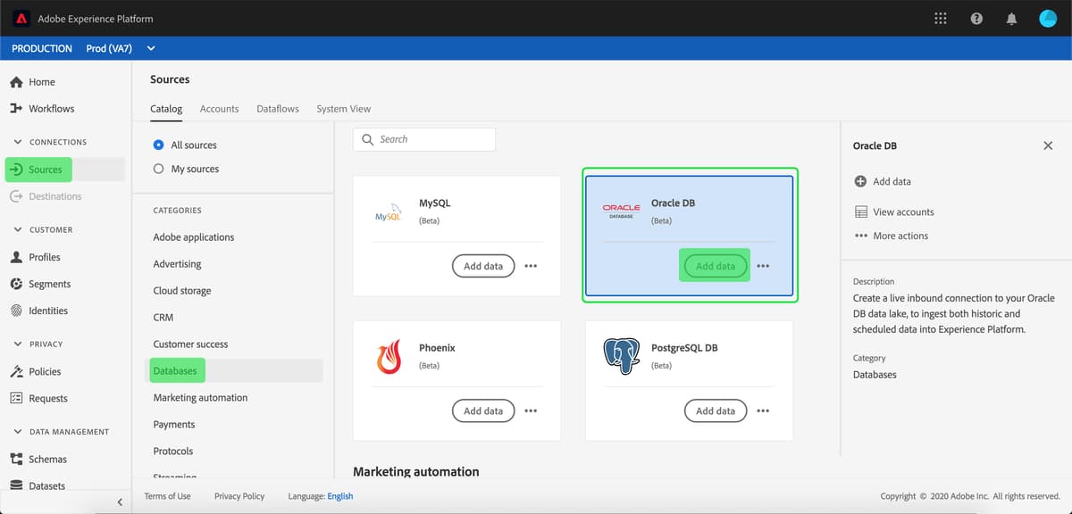 UI에서 Oracle DB 소스 연결 만들기 | Adobe Experience Platform