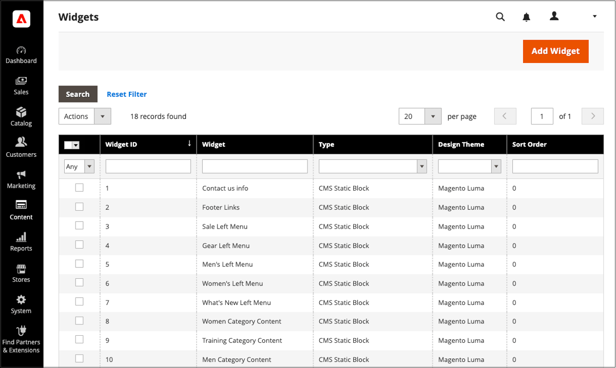 Een widget gebruiken om een blok te plaatsen | Adobe Commerce