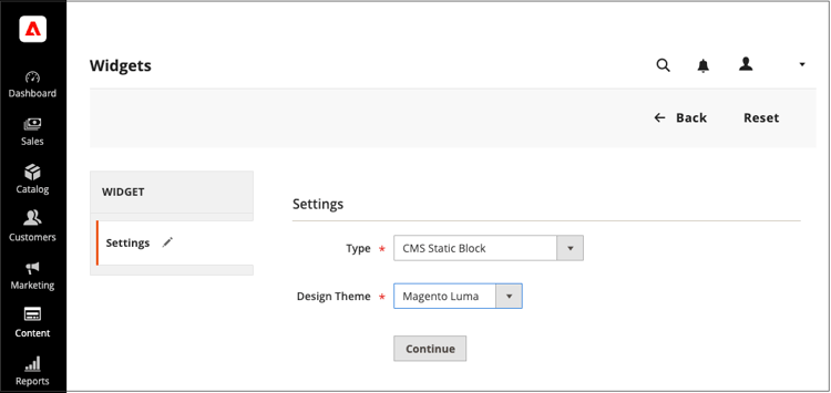 Een widget gebruiken om een blok te plaatsen | Adobe Commerce