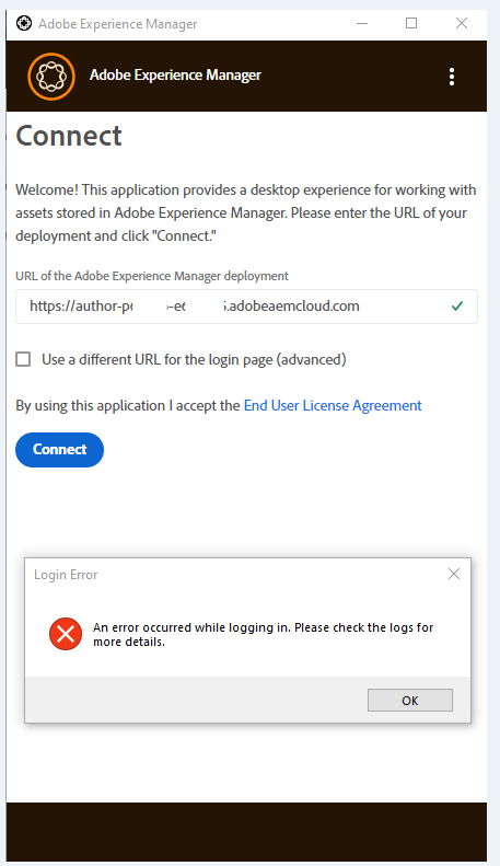 AEM Desktop App geeft een lege pagina weer na de verbinding | Adobe ...
