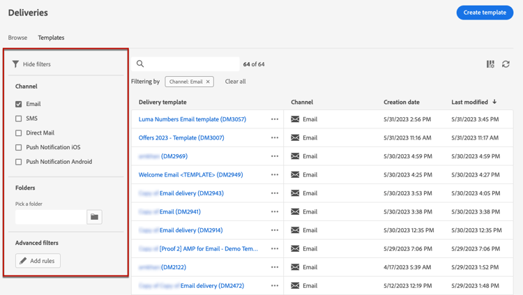 Usar modelos de entrega | Adobe Campaign