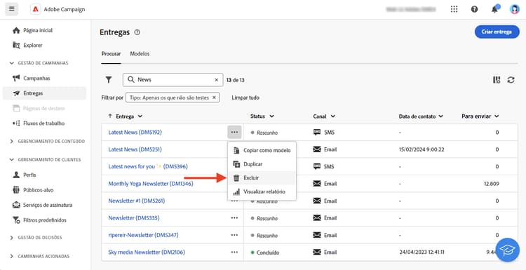 Acessar entregas | Adobe Campaign