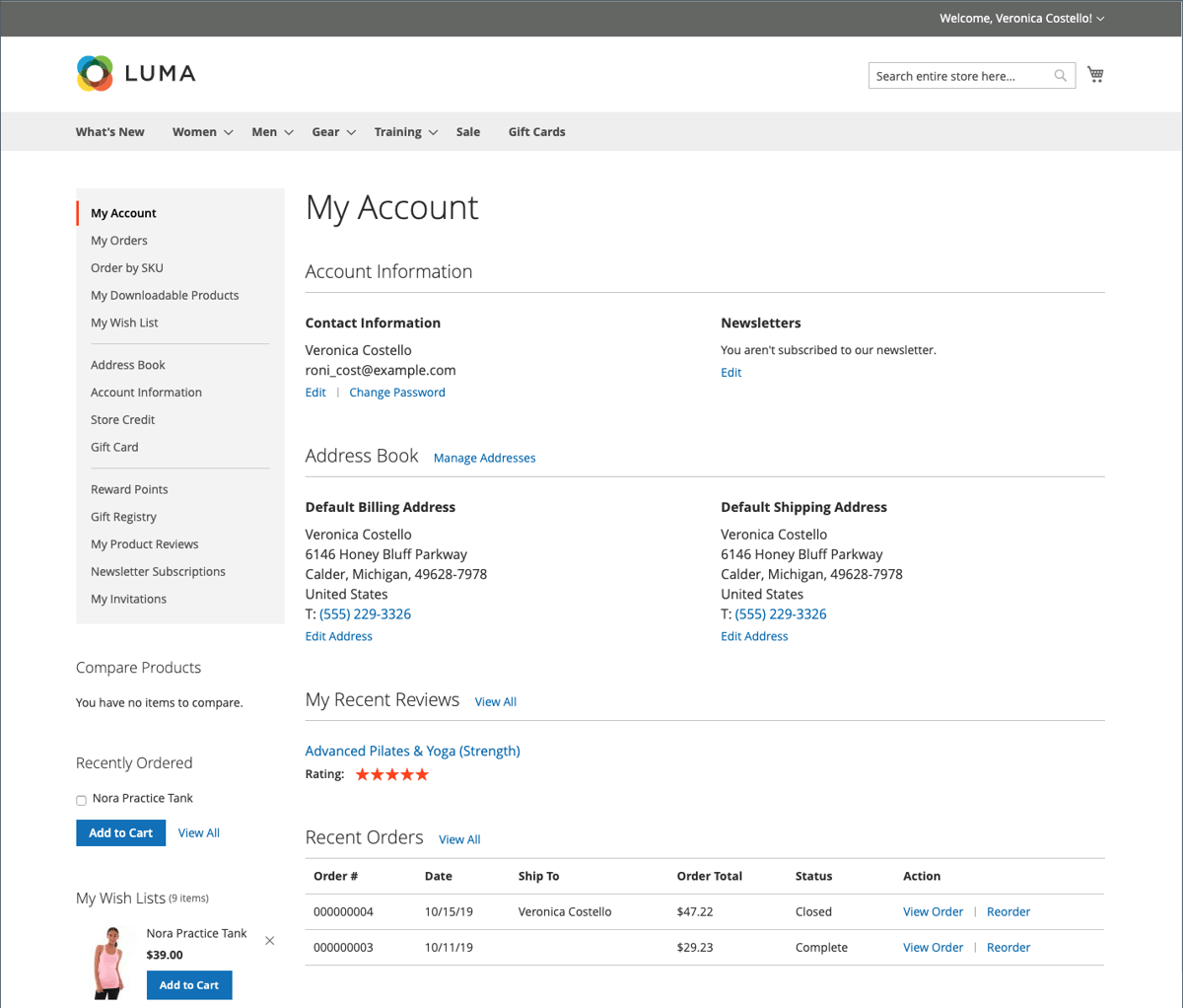 Painel da conta do cliente | Adobe Commerce