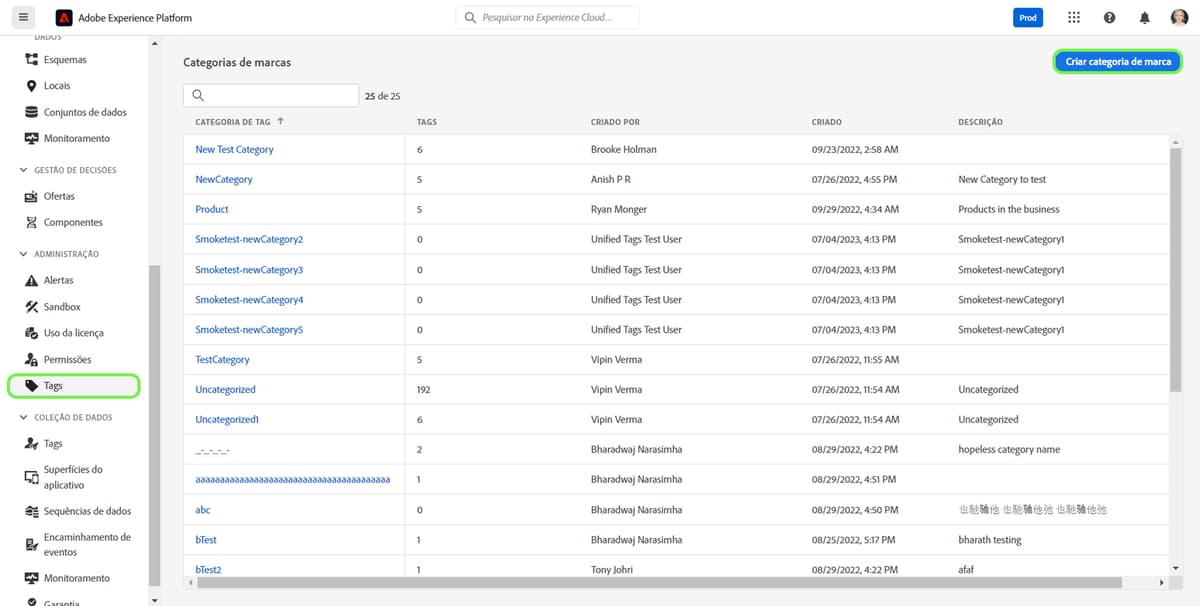Categorias de tags | Adobe Experience Platform