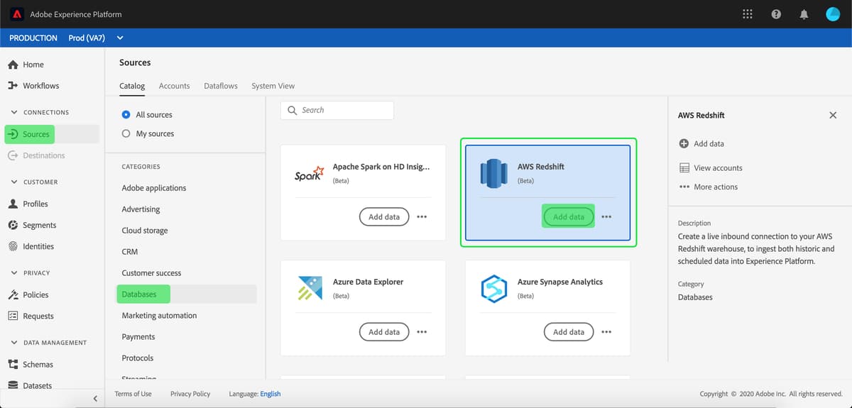 Criar uma conexão de origem do Amazon Redshift na interface do usuário ...