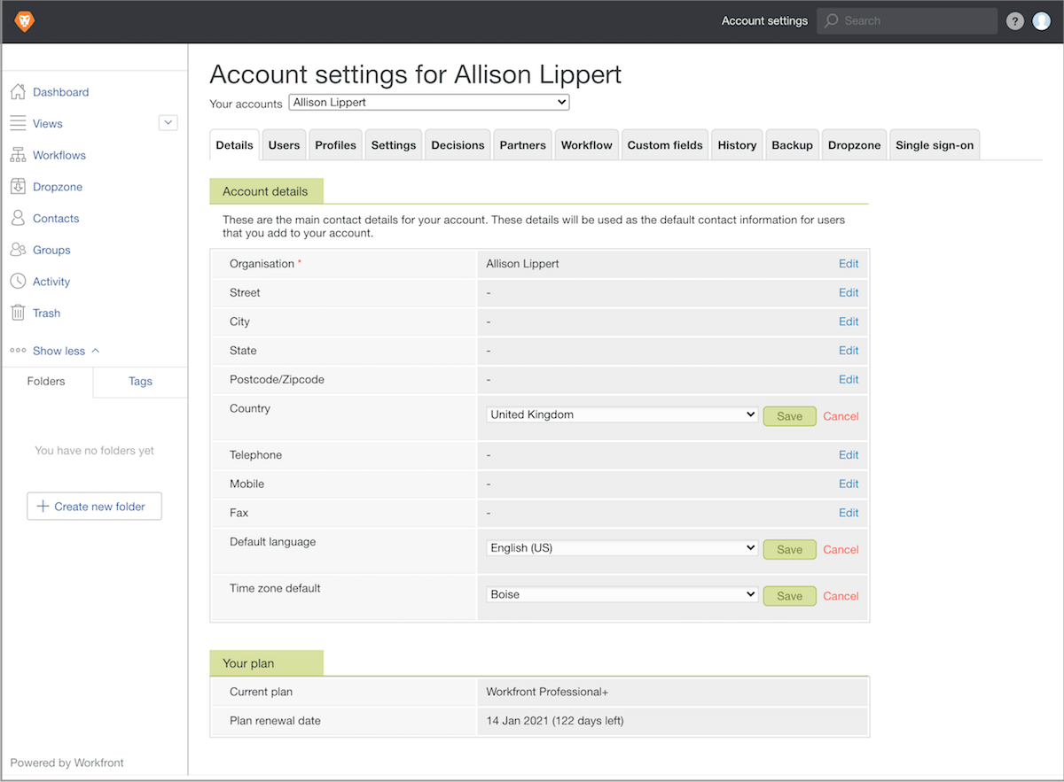 Definir configurações padrão da conta de prova | Adobe Workfront