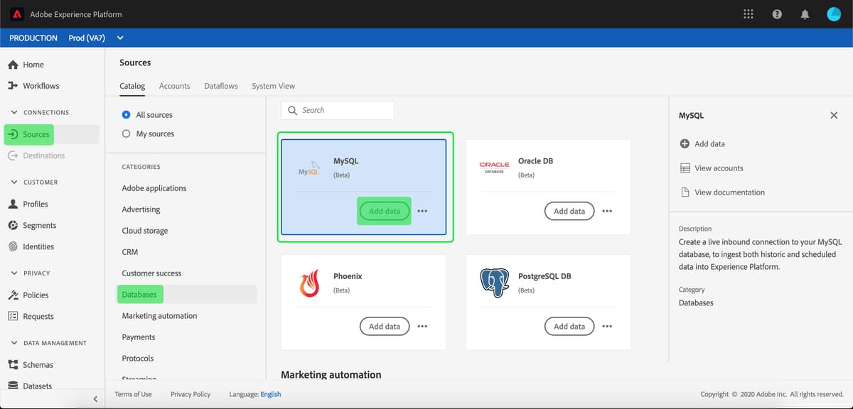 Skapa en MySQL-källanslutning i användargränssnittet | Adobe Experience ...