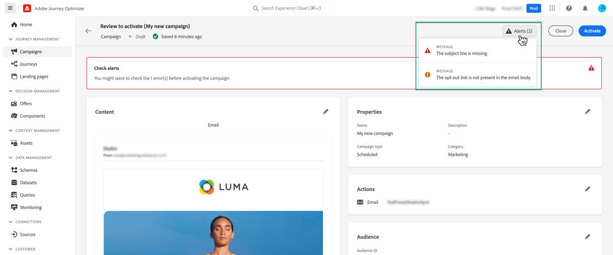 Granska och aktivera en kampanj | Adobe Journey Optimizer