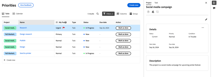 View project and task details in the Priorities worklist | Adobe Workfront