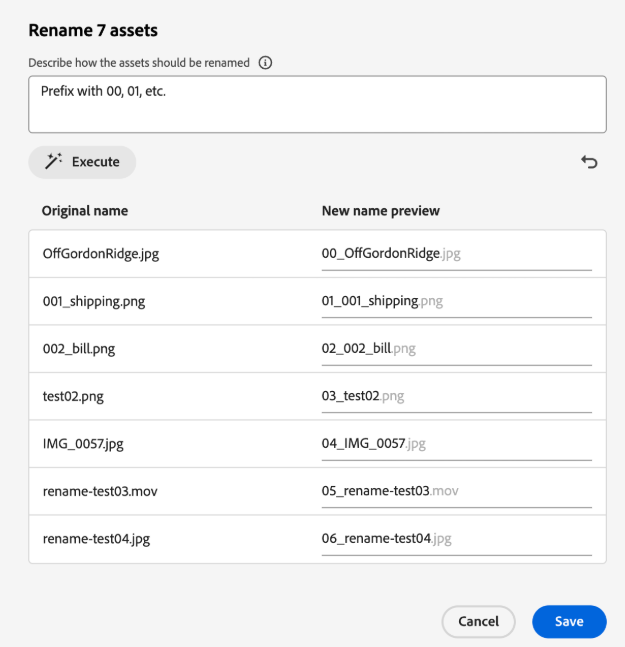 重命名和批量资源在 Assets Essentials中重命名 Adobe Experience Manager