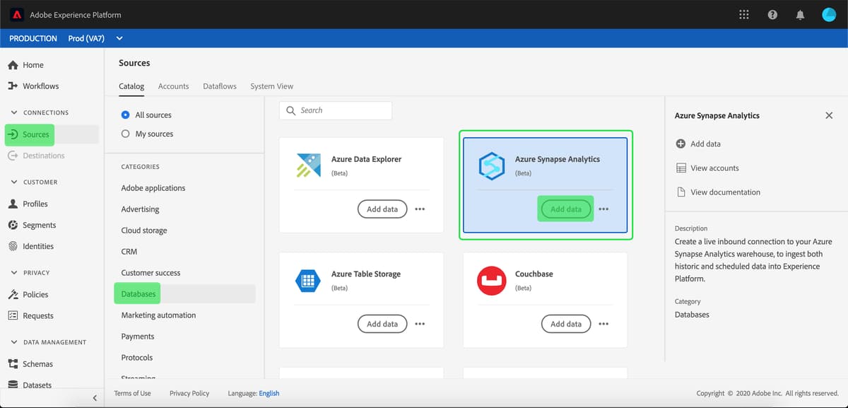 在UI中创建Azure synapse分析源连接 | Adobe Experience Platform