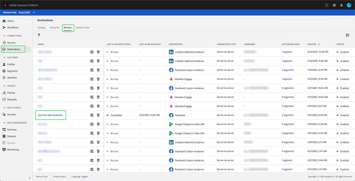 在ui中監視目的地的資料流 Adobe Experience Platform