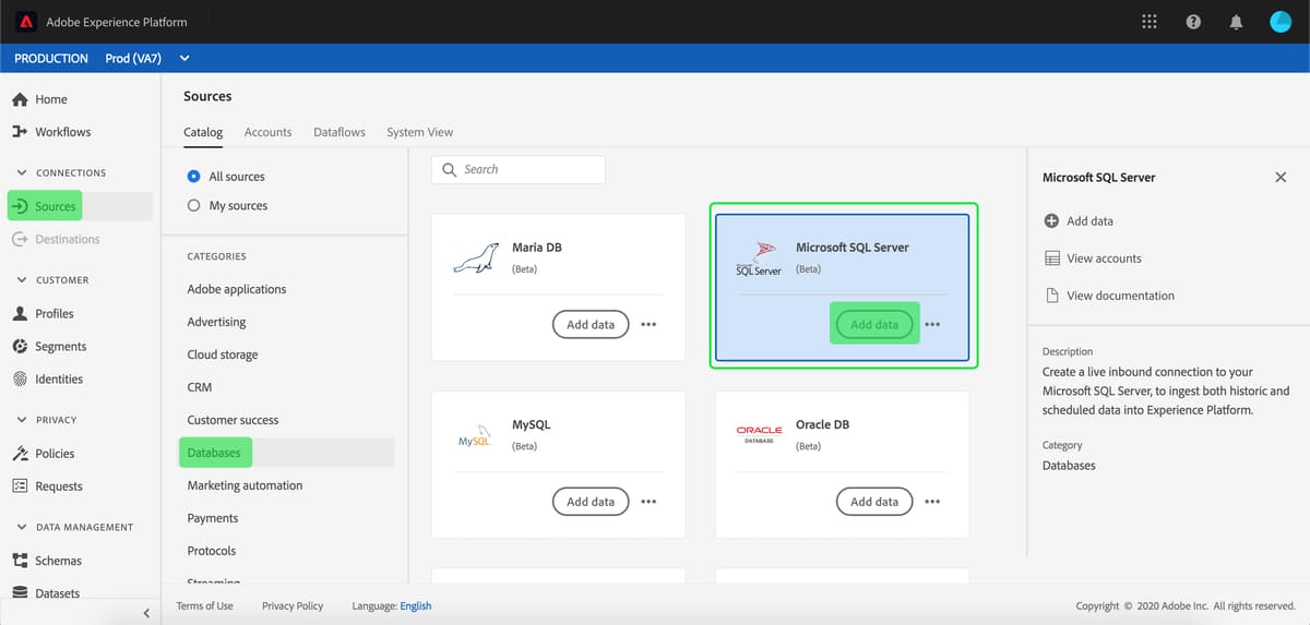 在使用者介面中建立Microsoft SQL Server來源連線 | Adobe Experience Platform